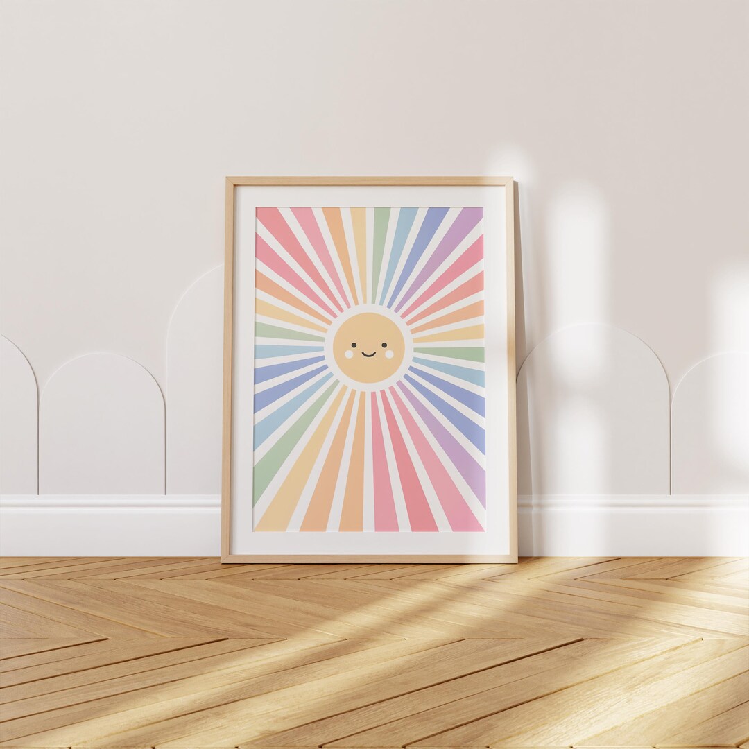 Happy Smiling Sun Digital Poster, Rainbow Wall Art for Nursery, Toddler ...
