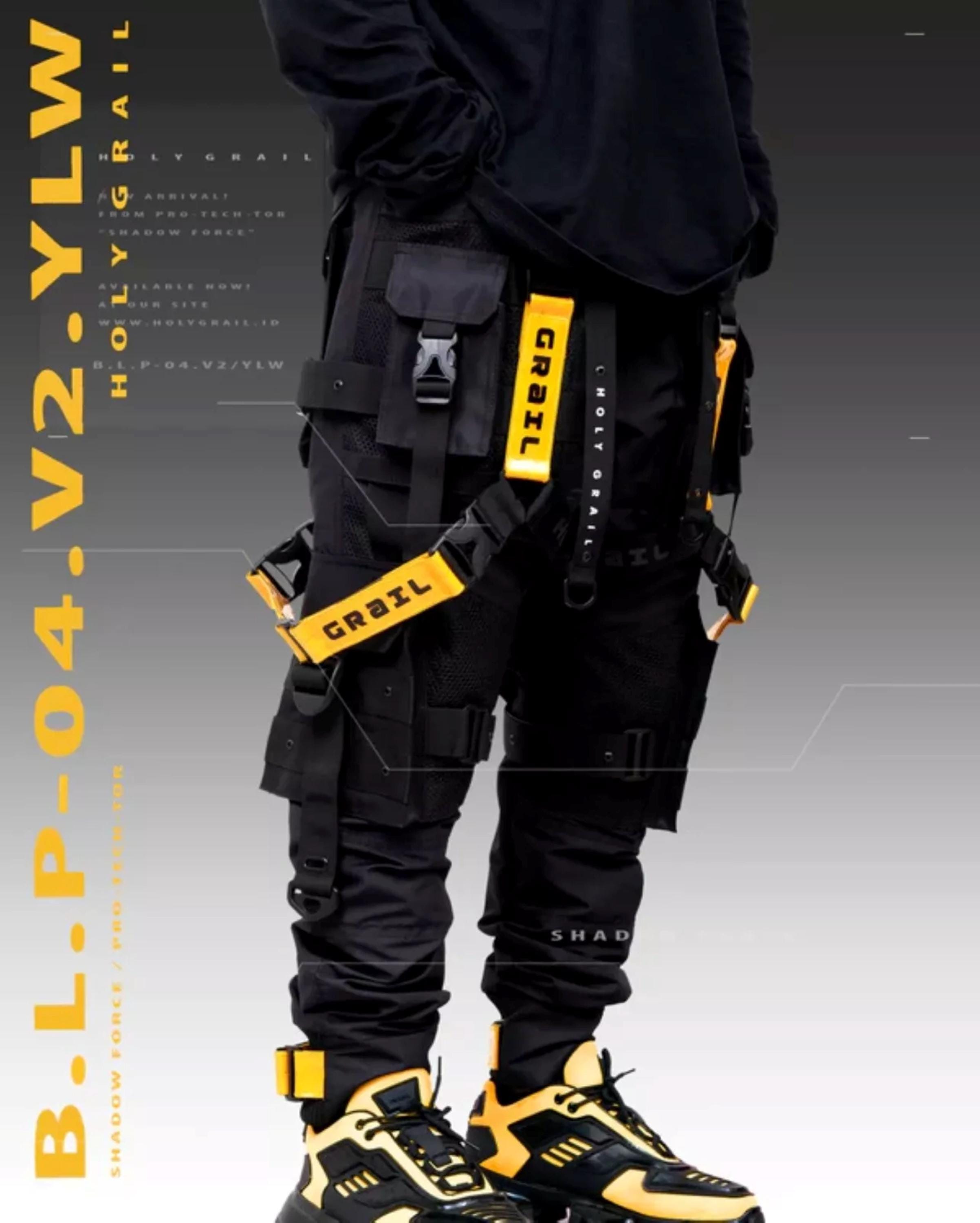 Techwear Streetwear Cosplay Black/yellow Heavy Cargo Trouser Pants HGB ...