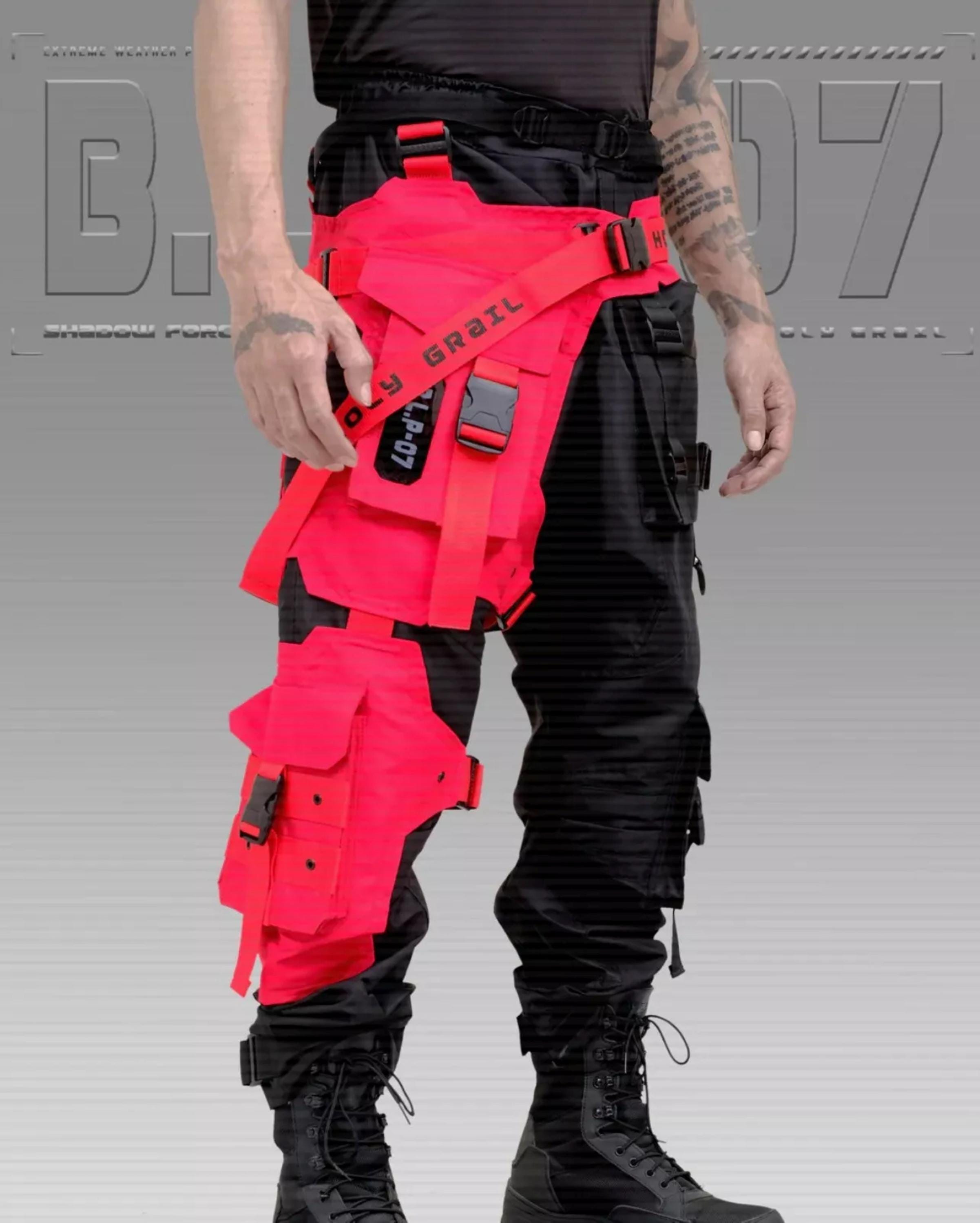 Techwear Cosplay Black Red Streetwear Heavy Cargo Trouser Pants HG B.L ...