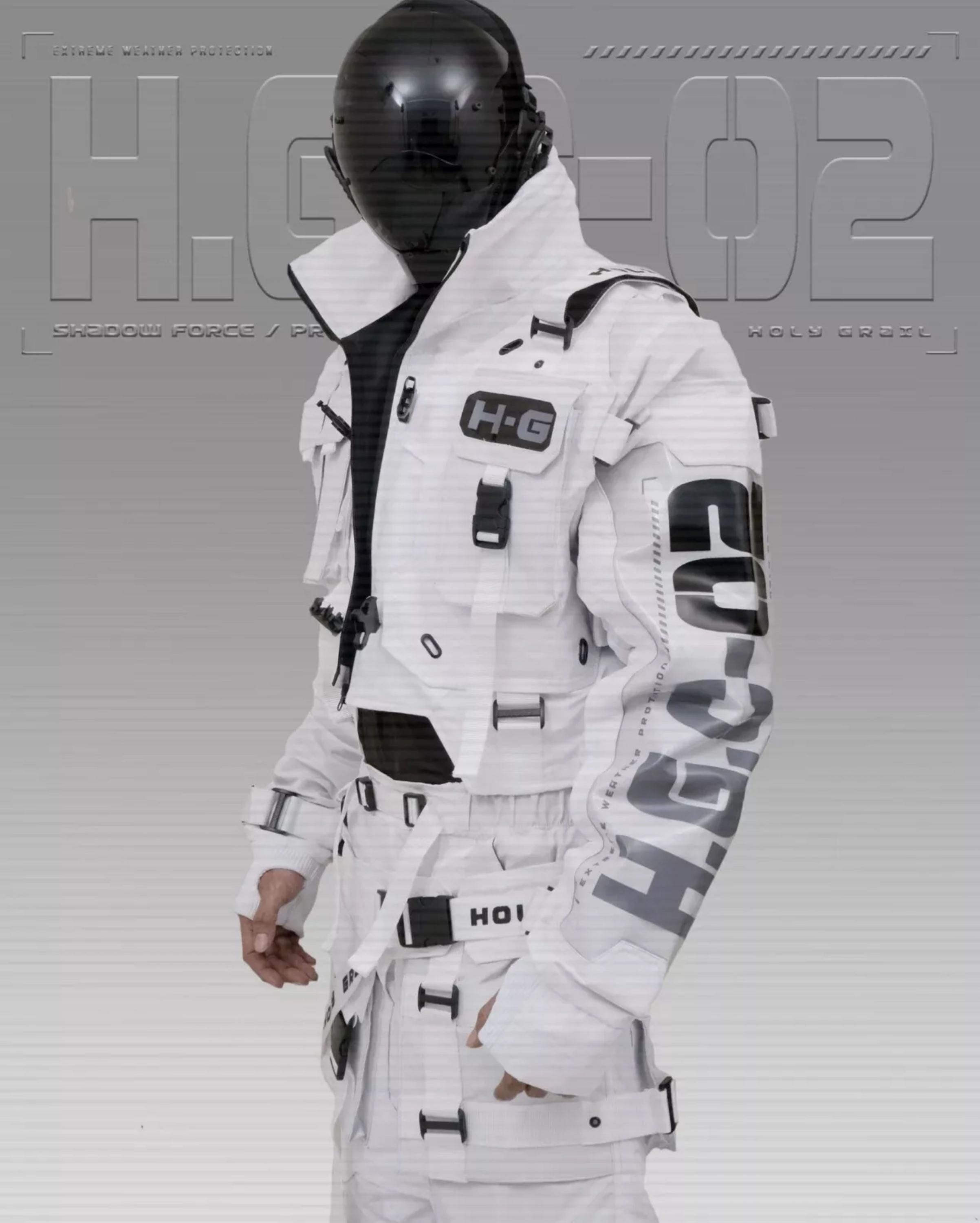 Techwear Streetwear Cosplay White Jacket Hoodie Full Zip Buckle HG H.G ...
