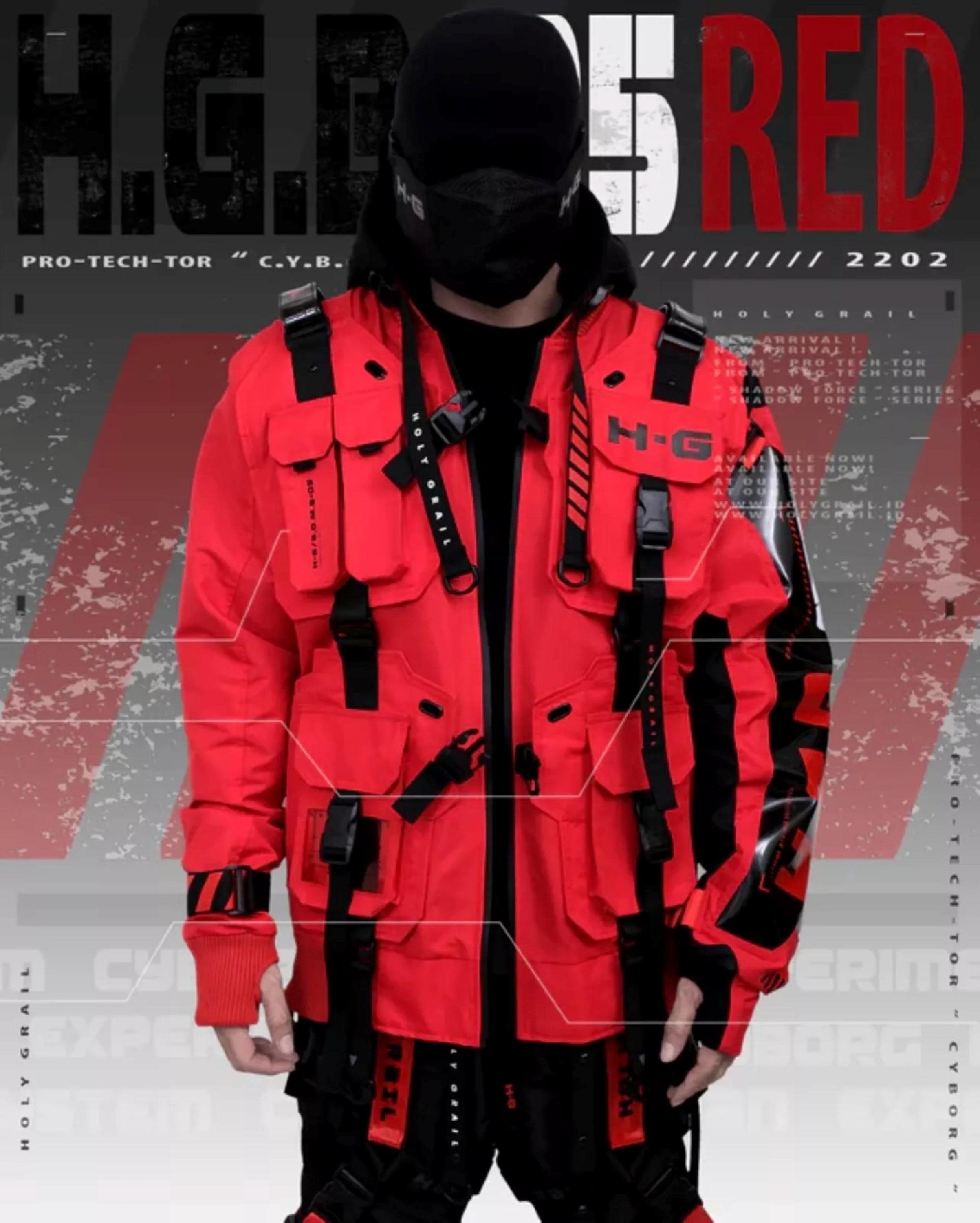 Techwear Streetwear Cosplay Futuristic Red Jacket Hoodie Full Zip ...
