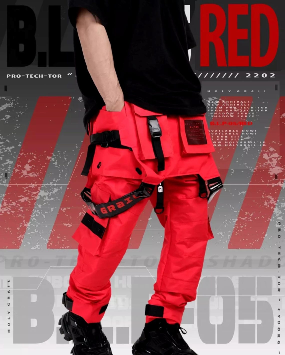 Techwear Streetwear Cosplay Red Streetwear Techwear Heavy Cargo Trouser ...