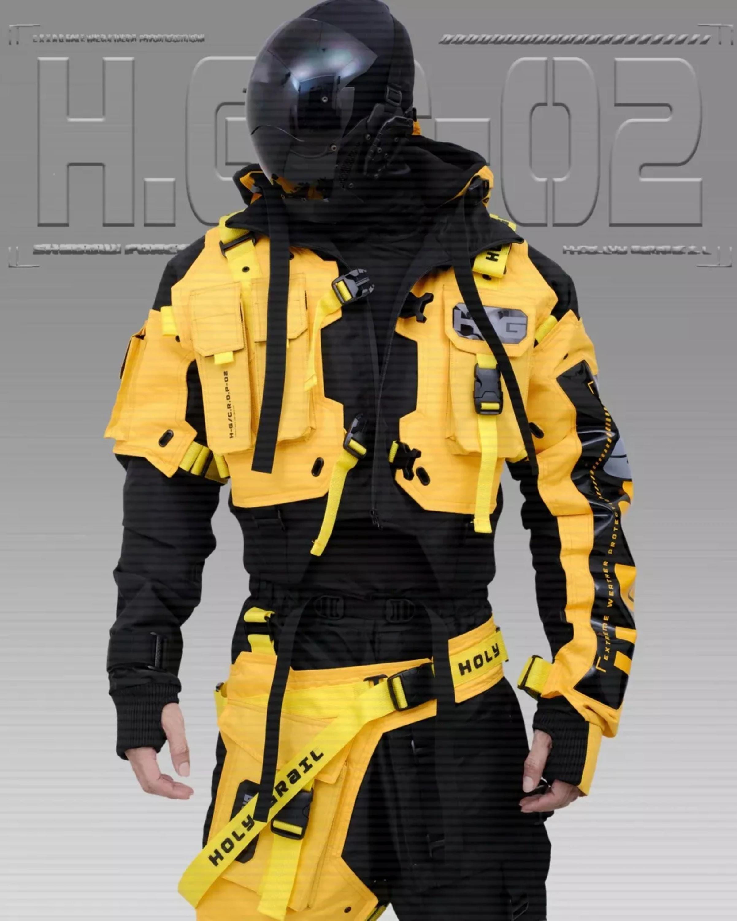Techwear Streetwear Cosplay Yellow Jacket Hoodie Full Zip Buckle ...
