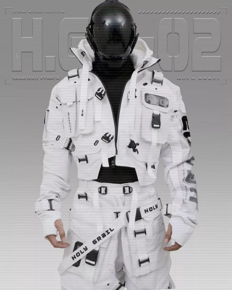 Techwear Streetwear Cosplay White Jacket Hoodie Full Zip Buckle HG H.G ...