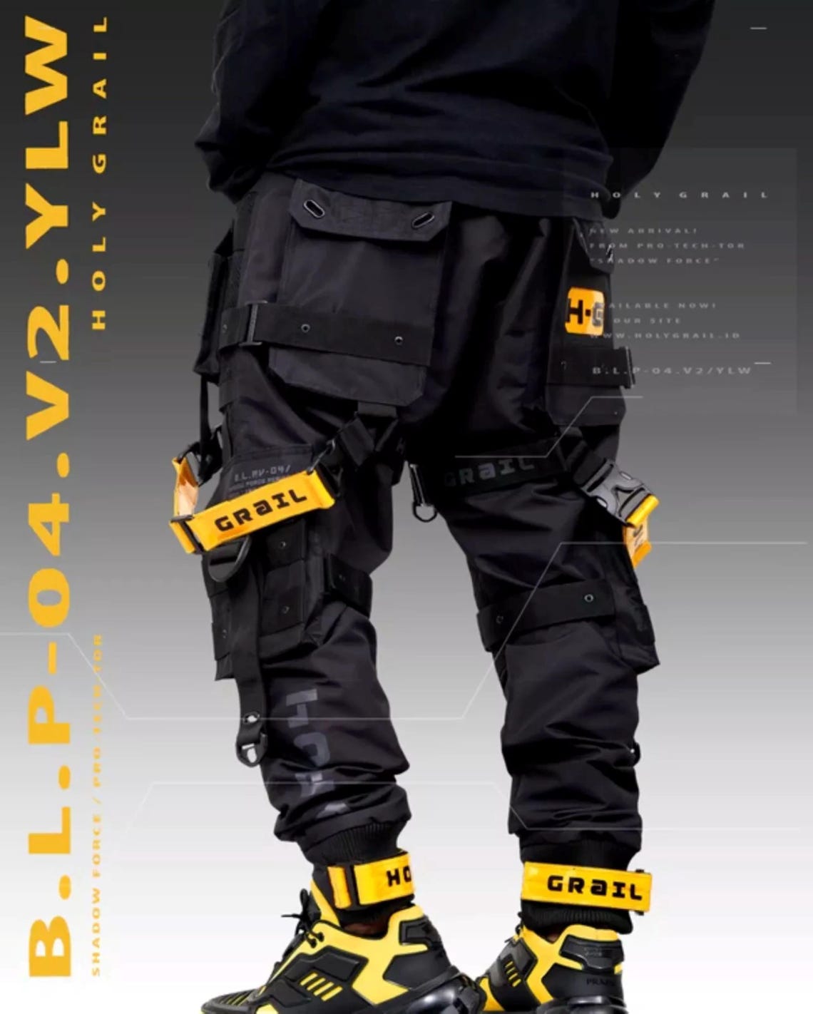 Techwear Streetwear Cosplay Black/yellow Heavy Cargo Trouser Pants HGB ...