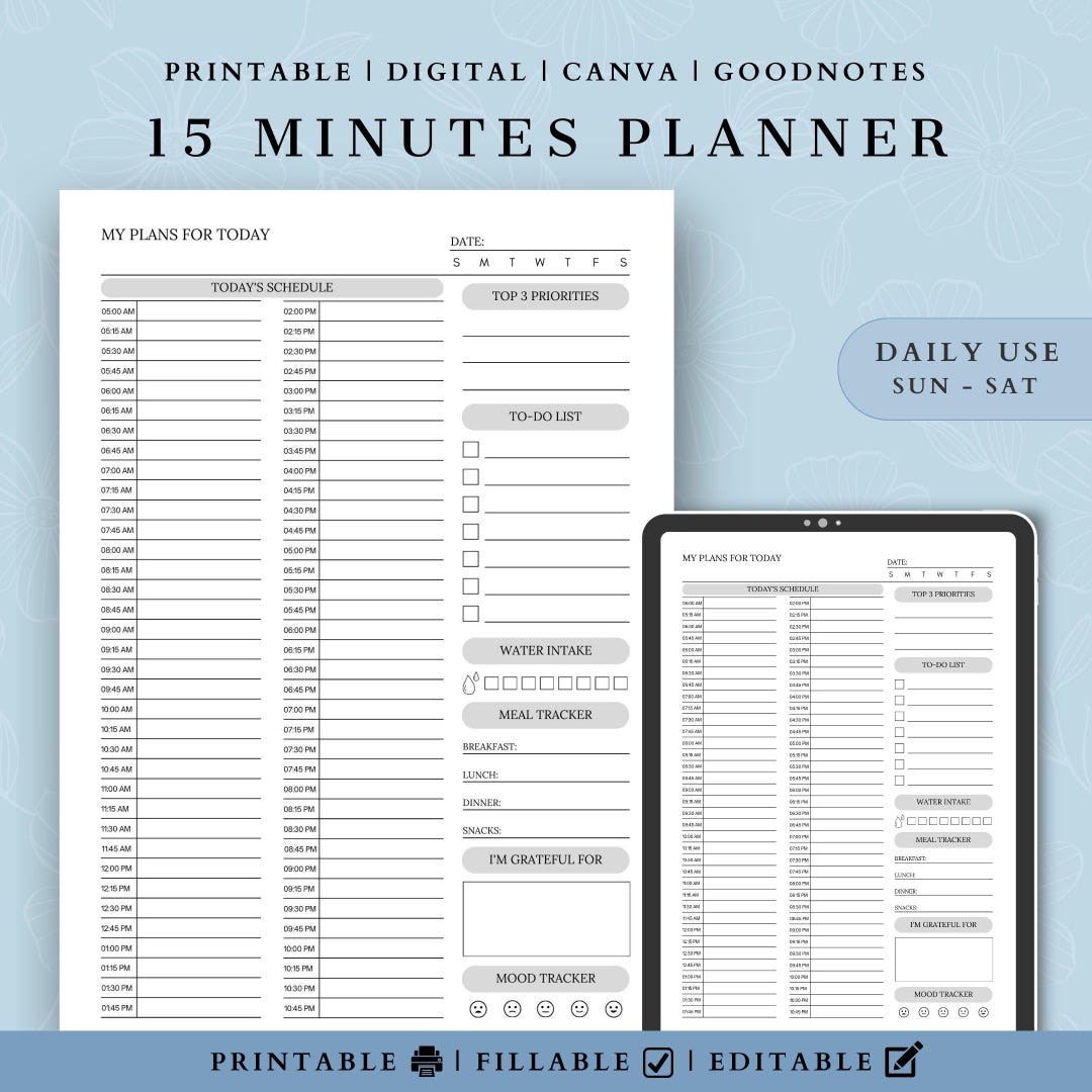 15 Minute Daily Planner | Time Block Schedule Template | Printable ...