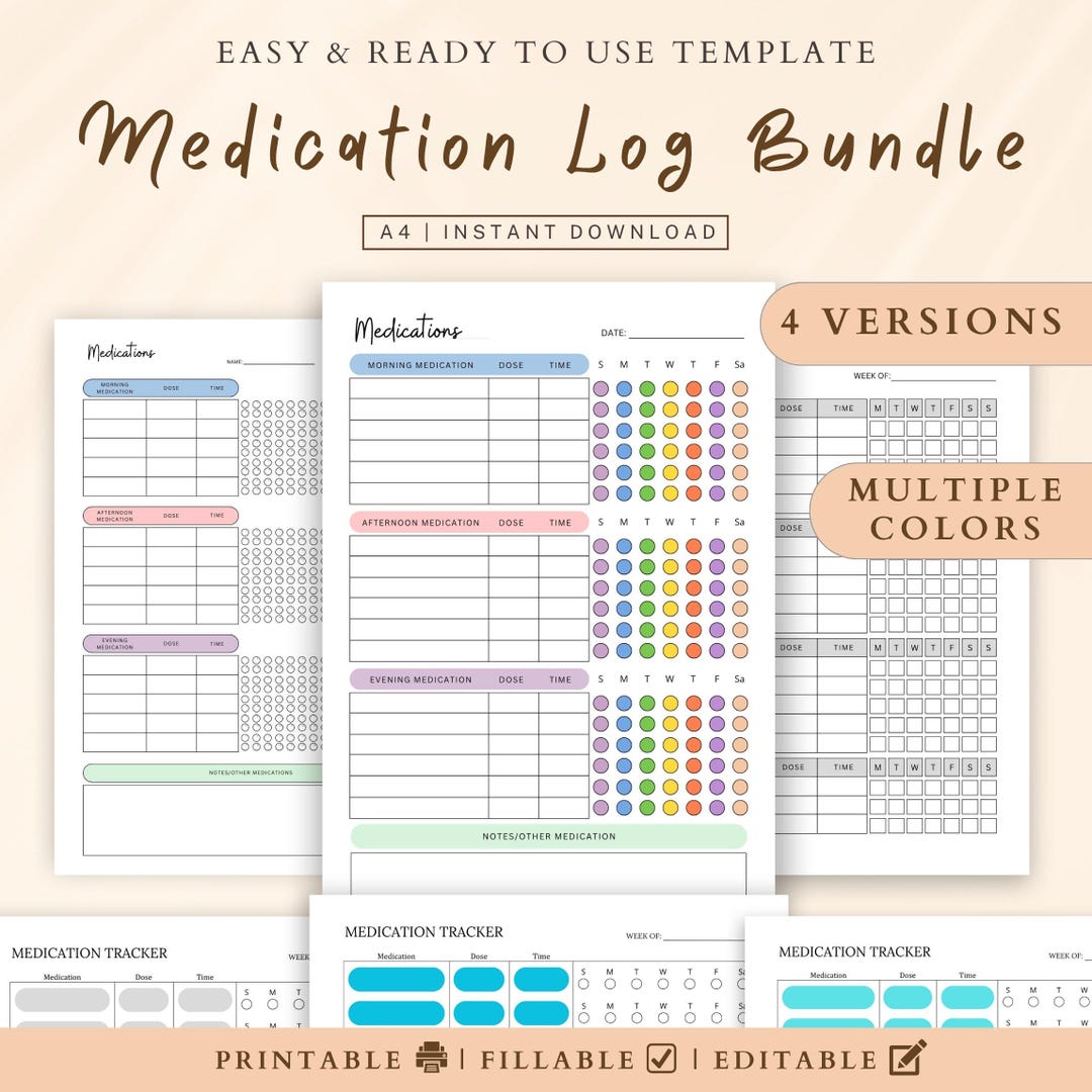 Printable Medication Log Bundle | Fillable PDF Log | Editable Canva ...