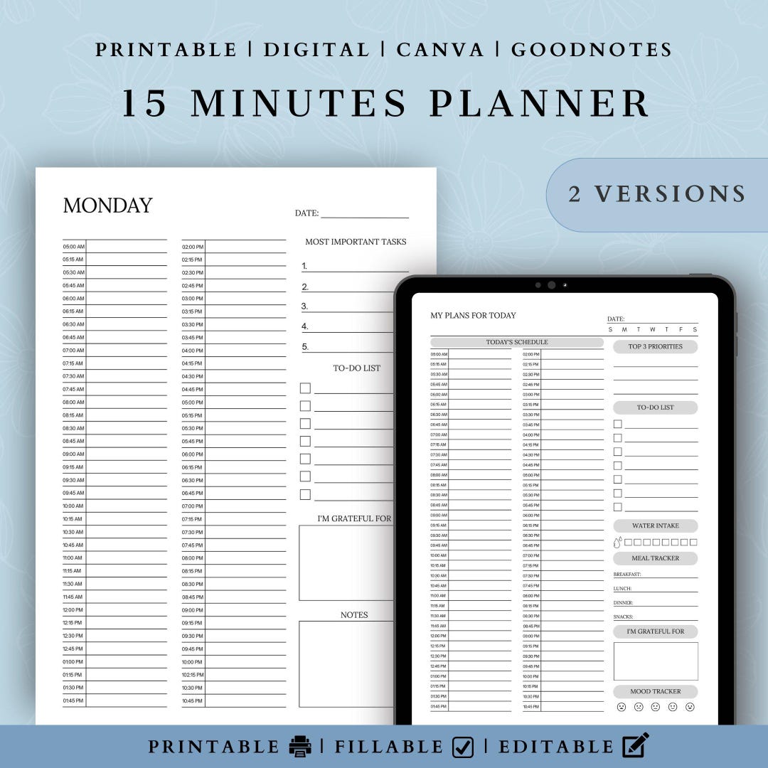 15 Minute Daily Planner | Time Block Schedule Template | Printable ...