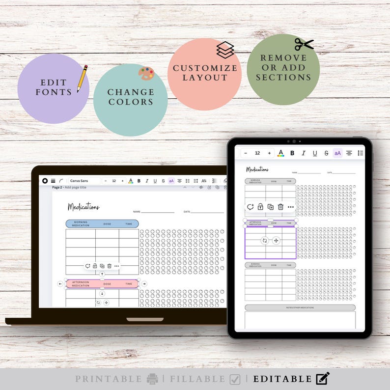 Medication Tracker Printable & Digital – Fillable PDF, Editable Canva ...