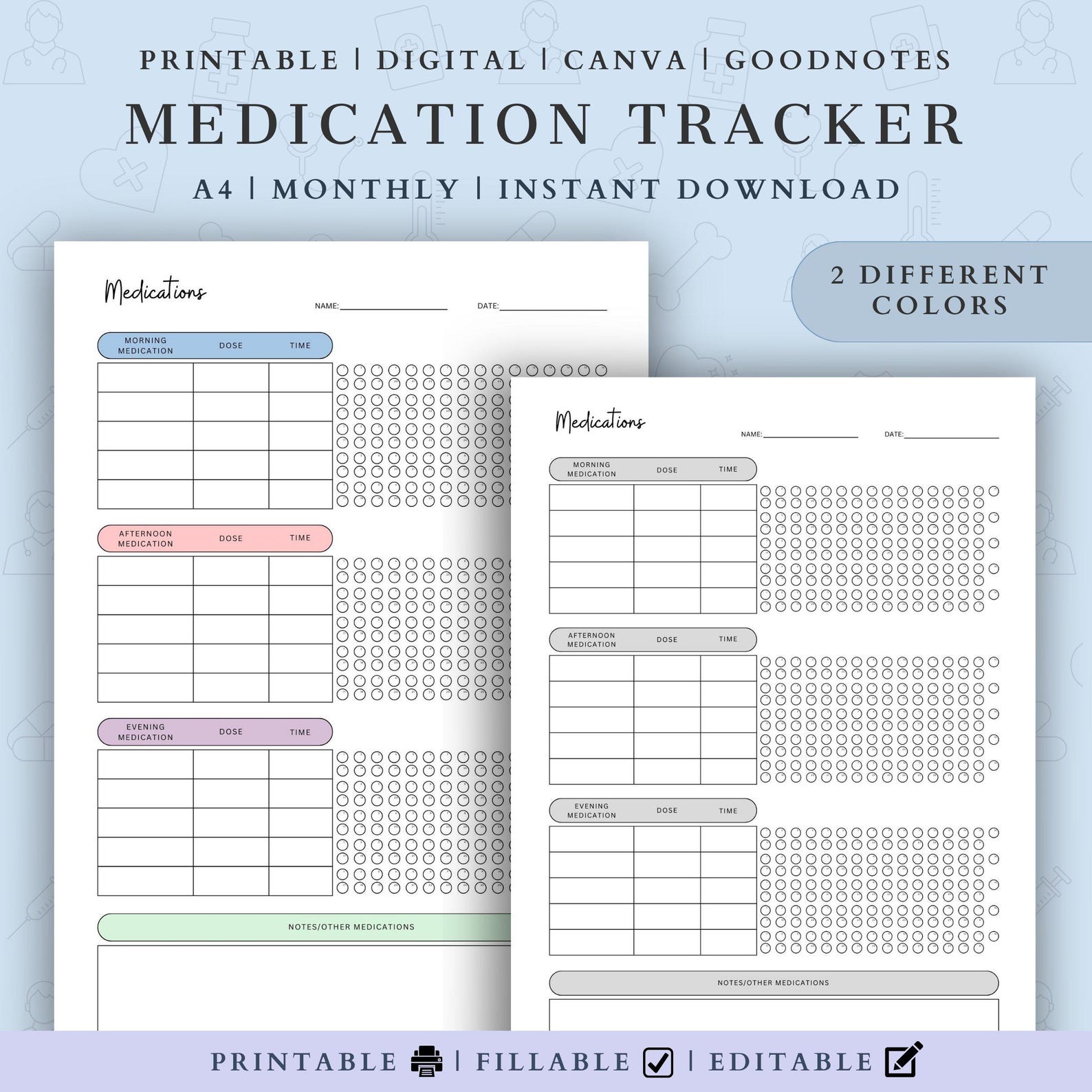 Medication Tracker Printable & Digital – Fillable PDF, Editable Canva ...