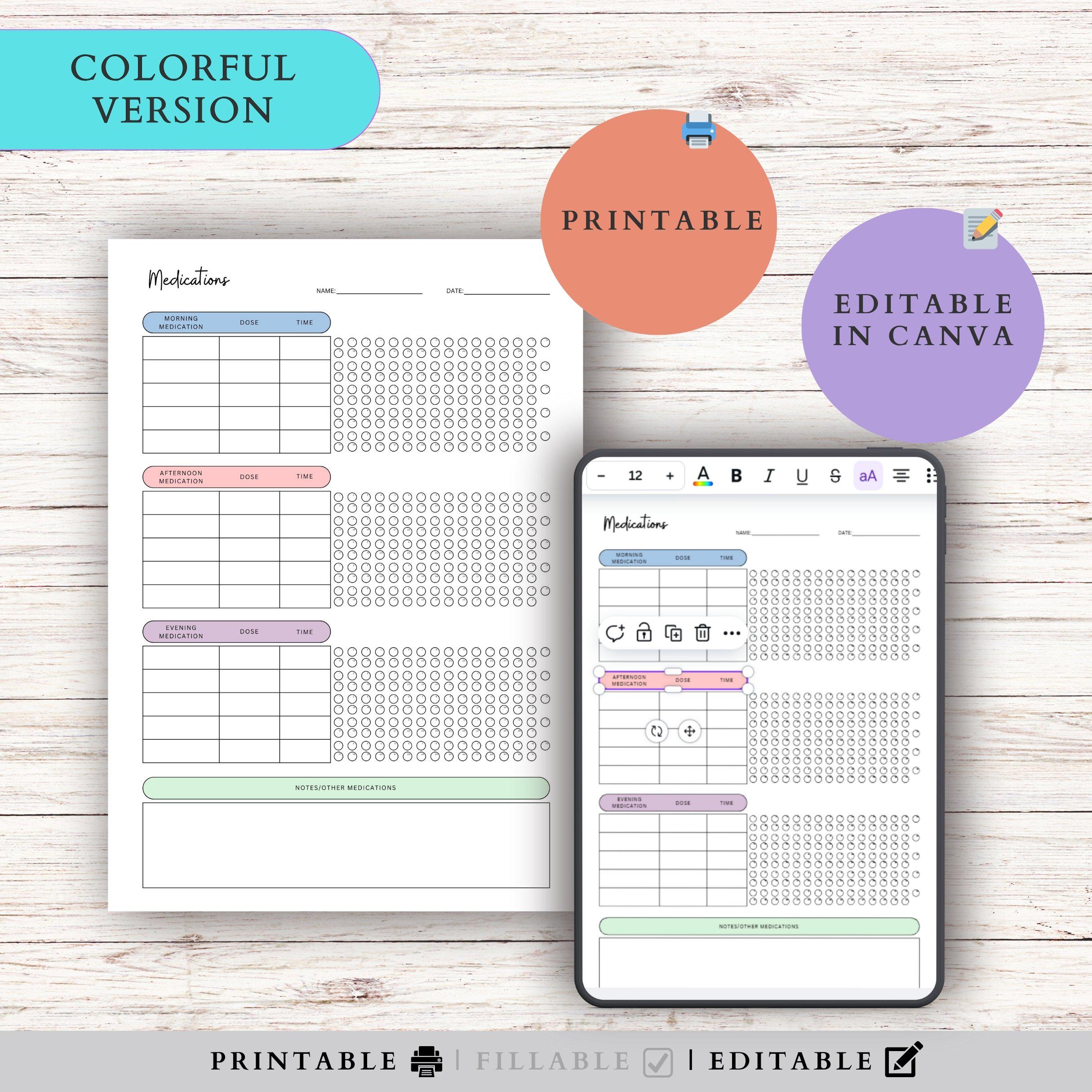 Medication Tracker Printable & Digital – Fillable PDF, Editable Canva ...