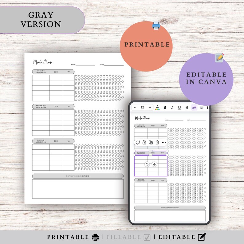 Medication Tracker Printable & Digital – Fillable PDF, Editable Canva ...