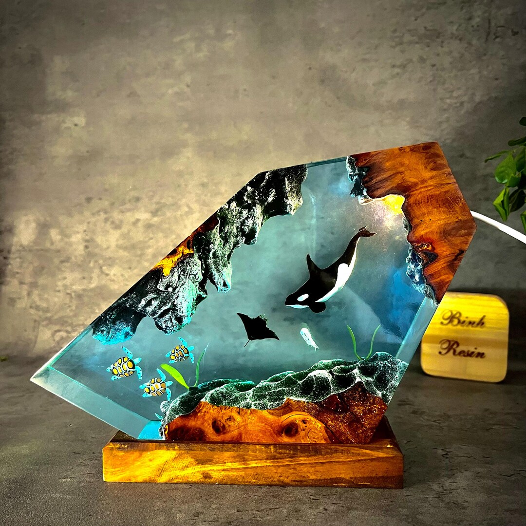 Orca Whale Resin Lamp: Underwater Manta Ray & Coral LED Art - Etsy