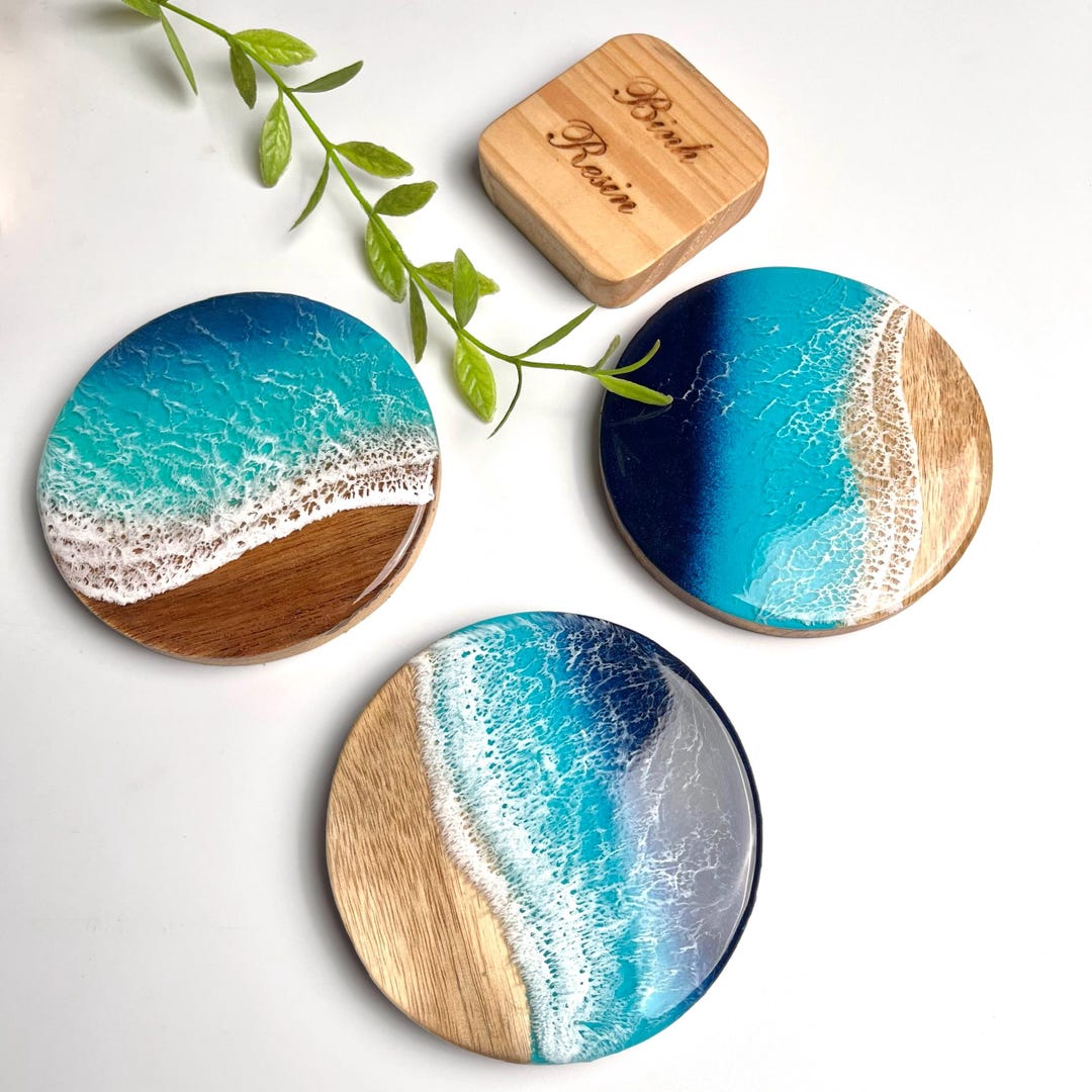 Ocean Wave Resin Coasters, Beach Drink Coaster Set, Epoxy Wood Coasters ...