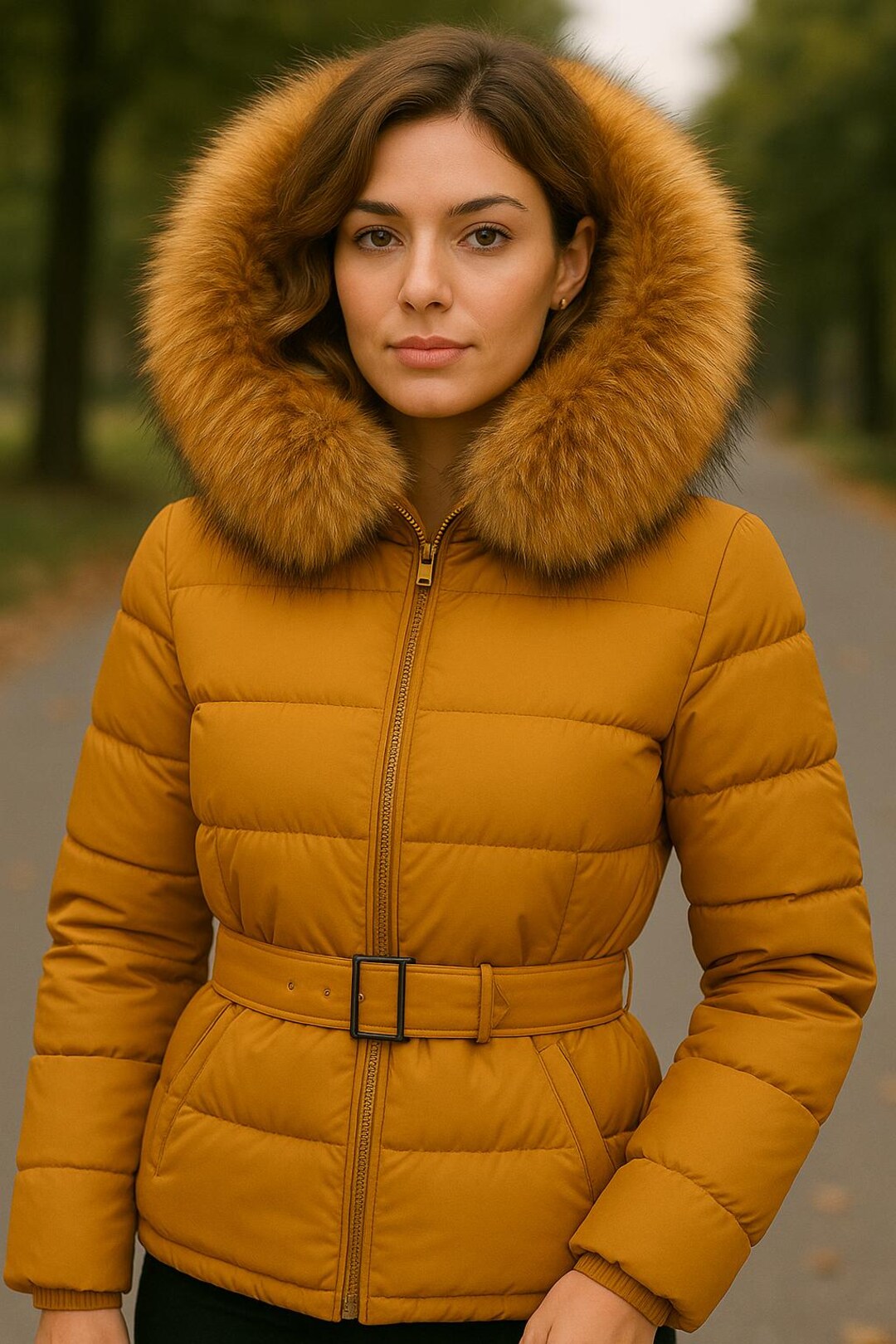 Mustard Puffer Jacket: Women's Winter Bomber With Real Fox Fur Hood - Etsy