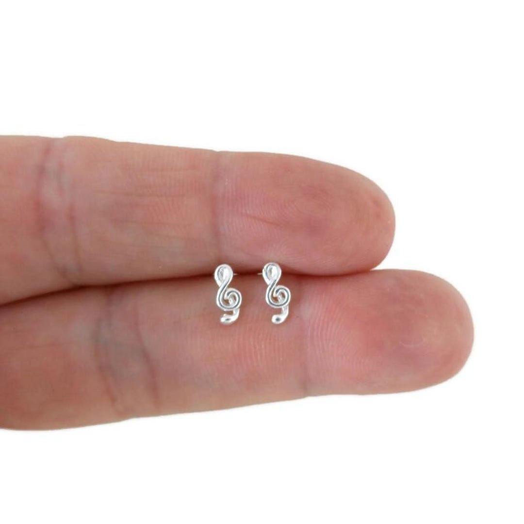 Tiny Treble Clef Earrings in Sterling Silver, Music Note Studs, Silver ...