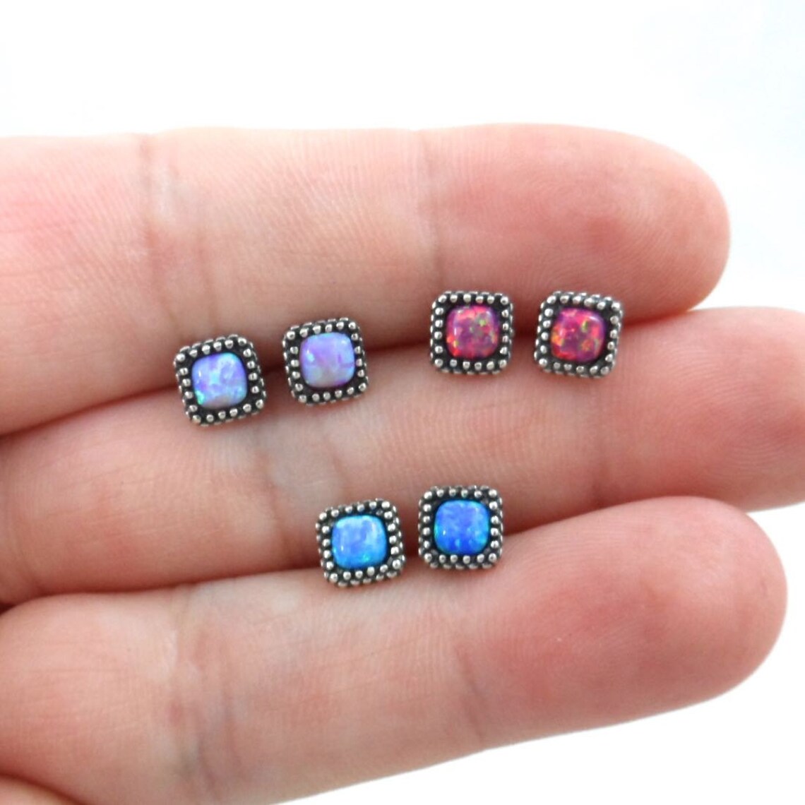 Square Opal Earrings in Sterling Silver, Opal Earrings, Opal Studs ...