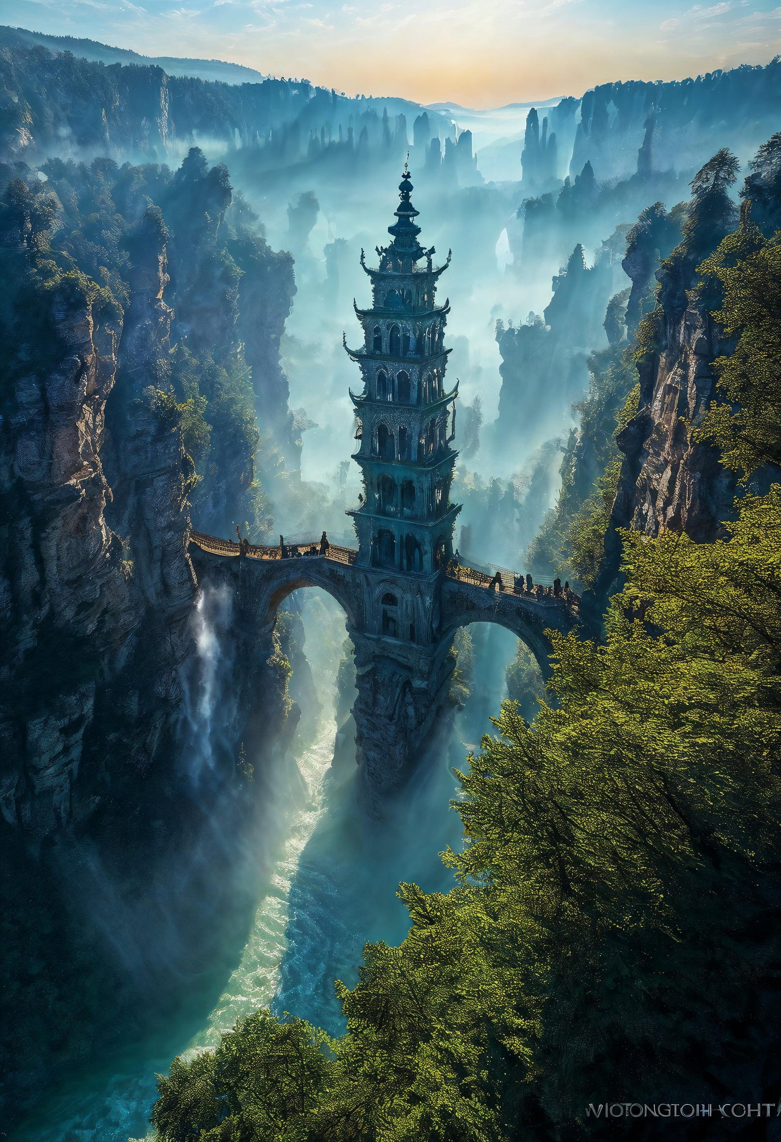 Mystical Pagoda Bridge in Misty Mountains - Enchanted Fantasy Landscape ...