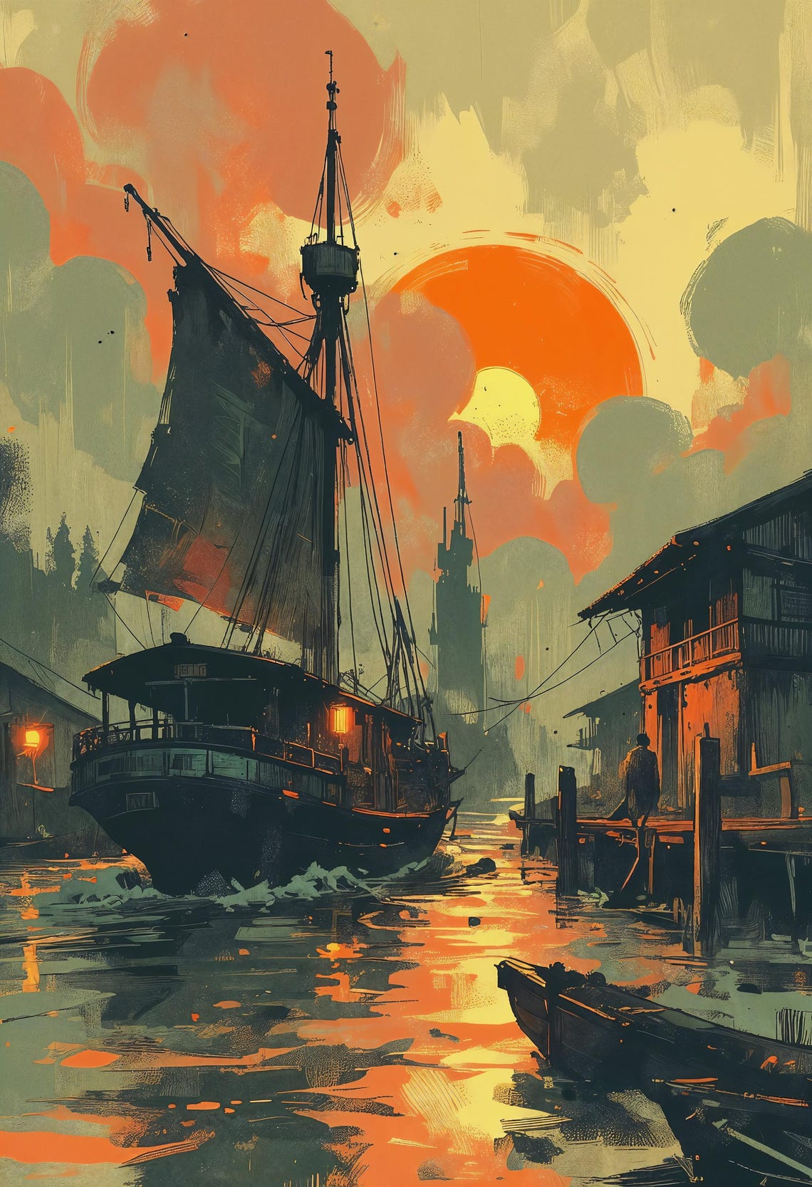Vintage Harbor Ship at Sunset - Rustic Nautical Painting Style ...