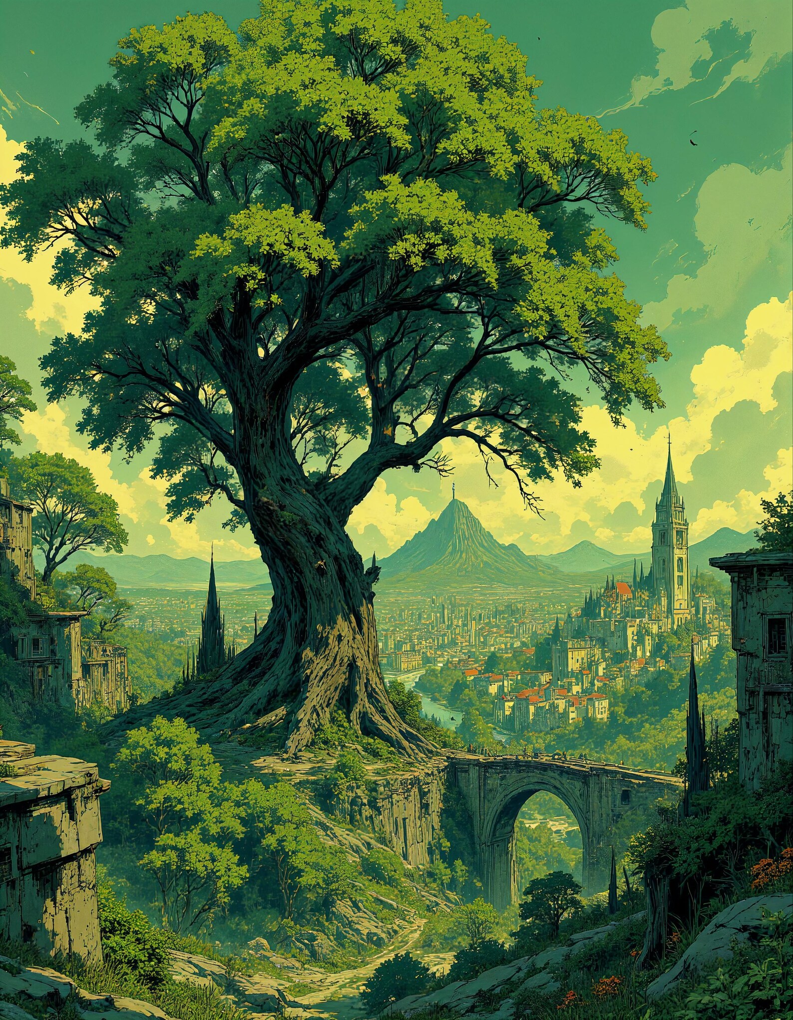 Ancient Fantasy City & Enchanted Tree - Medieval Kingdom Landscape Art ...