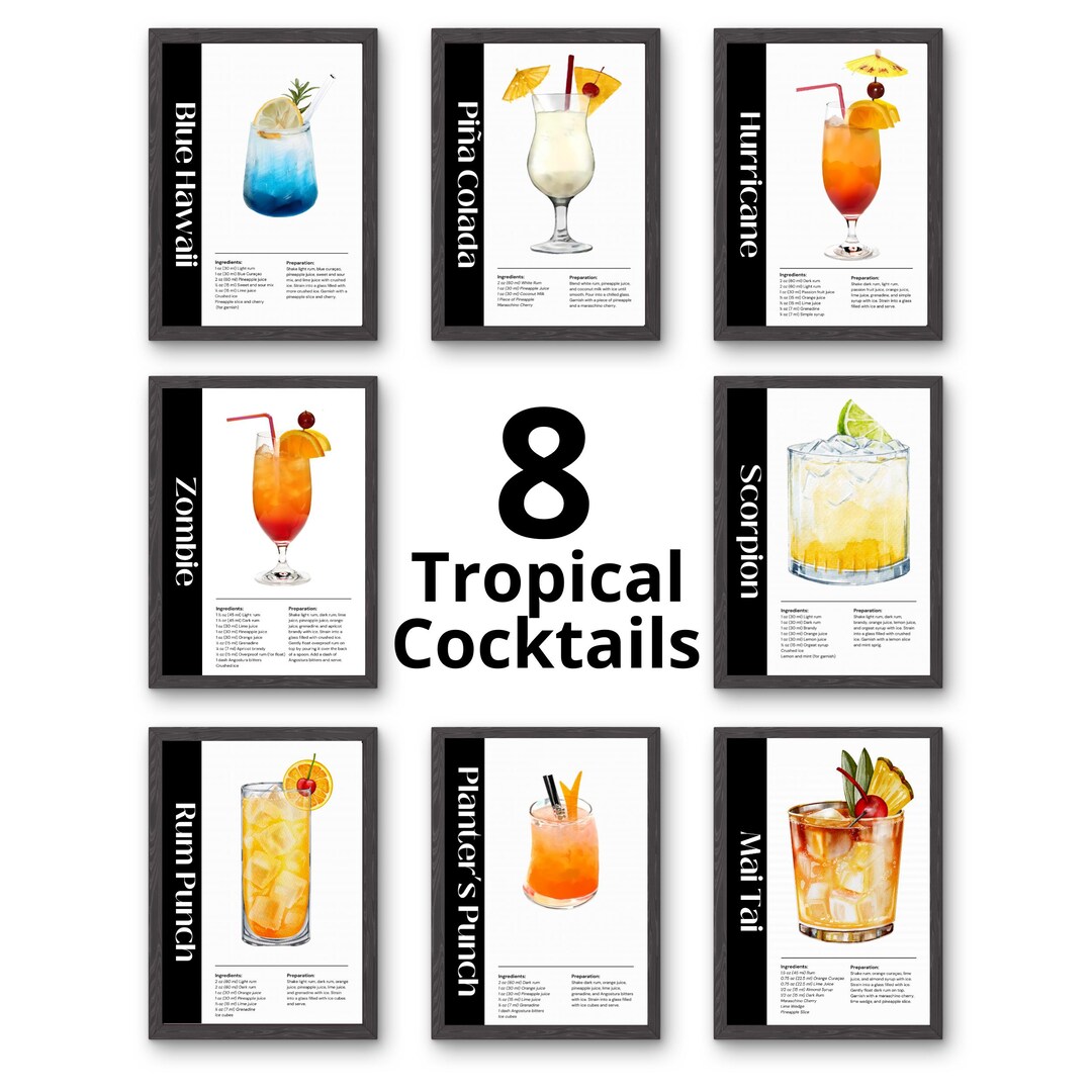 8 Tropical Cocktail Poster Bundle – Printable Piña Colada, Mai Tai ...