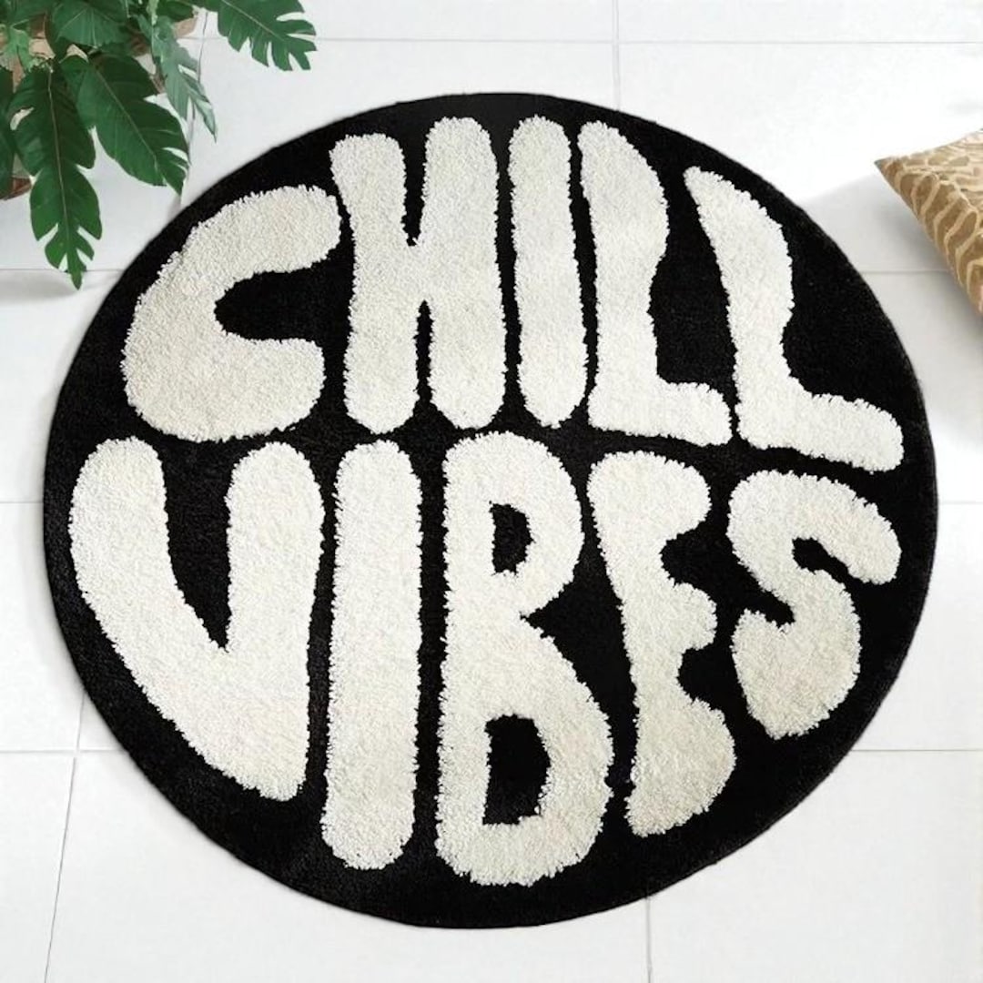 Chill Vibes Round Rug, Black & White Tufted Carpet, Retro Boho Quote ...