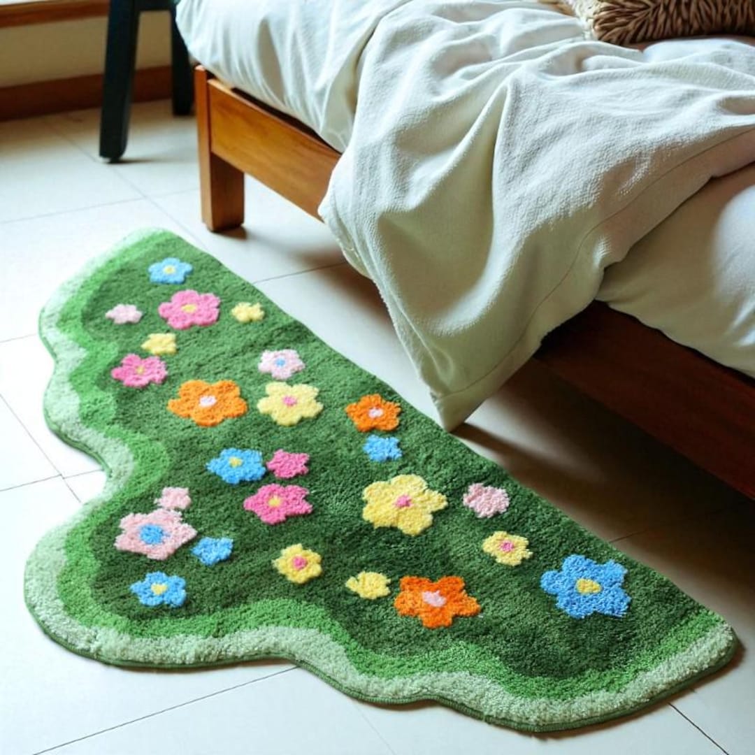 Grass Flower Tufted Rug, Flower Bedroom Rug, Colorful Tufted Rug, Green ...