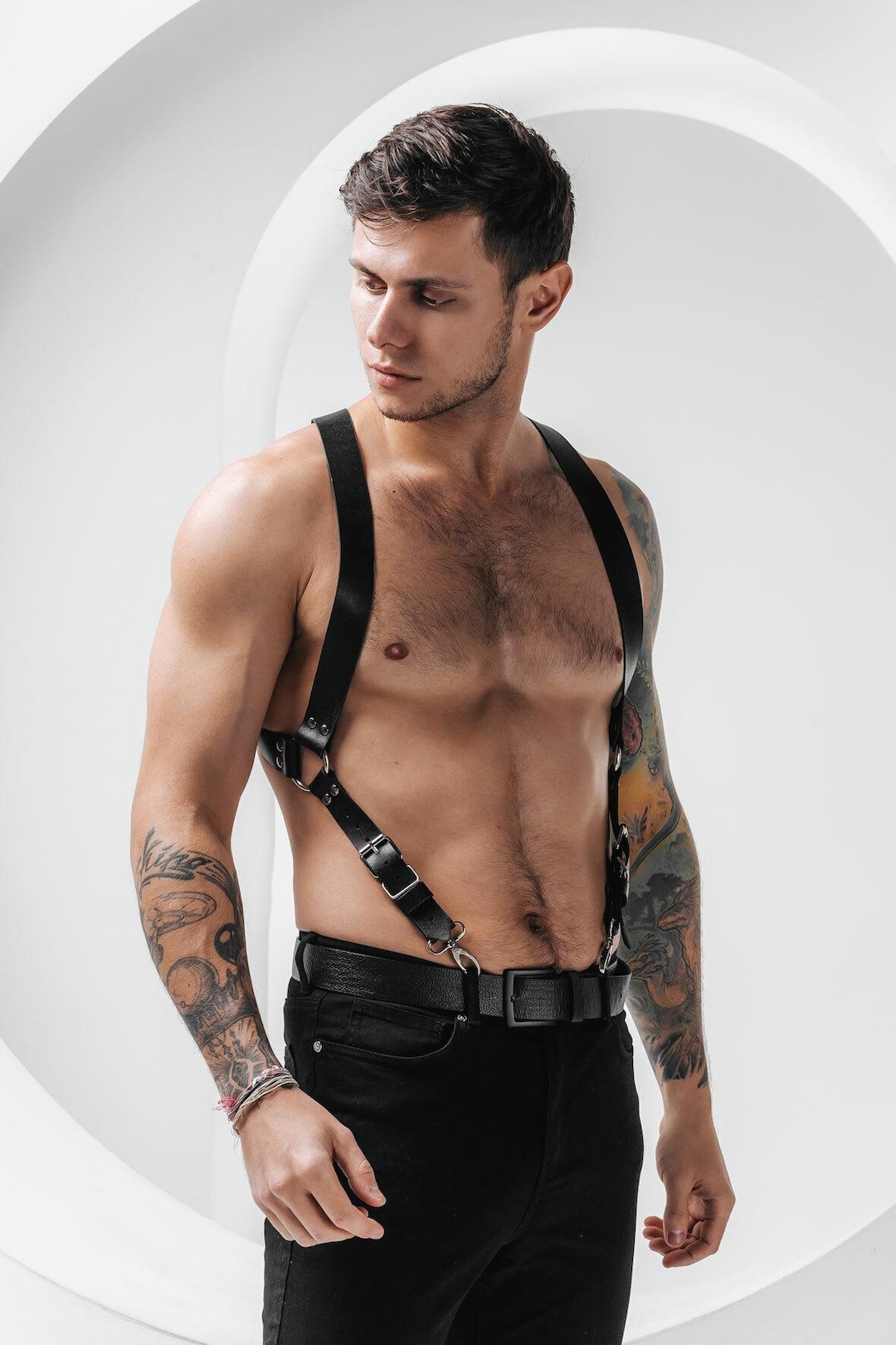 Mens Leather Lingerie Harness Men Chest Suspender, Leather Festival Harness, Gay Harness, Rave ...
