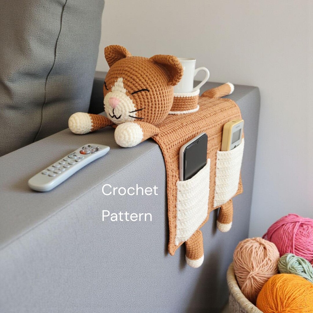 Crochet Cat Armrest Organizer Pattern: Sofa Caddy With Cup Holder (PDF ...