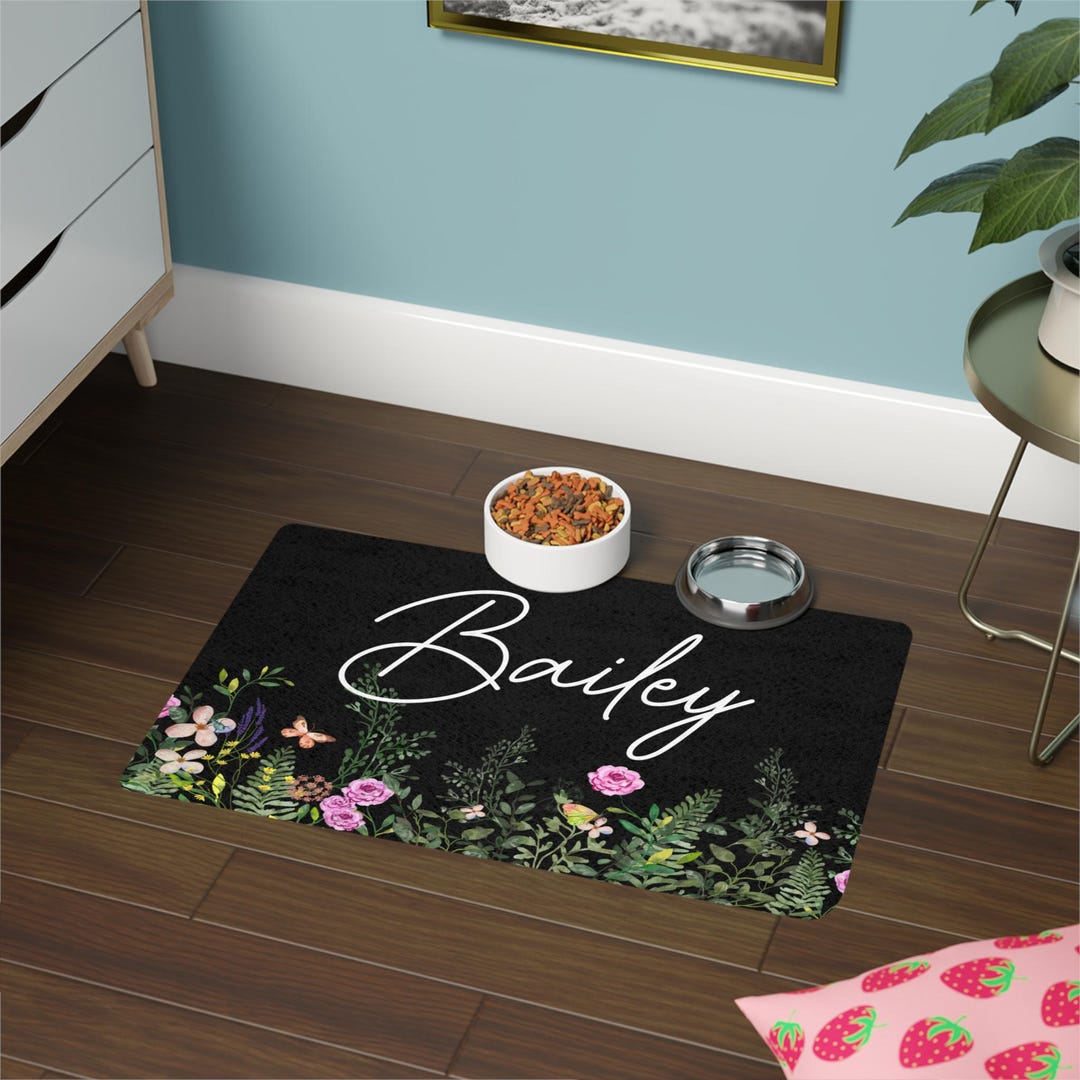 Custom Pet Food Mat, Personalized Name, Dog Cat Feeding Mat, Wildflower ...