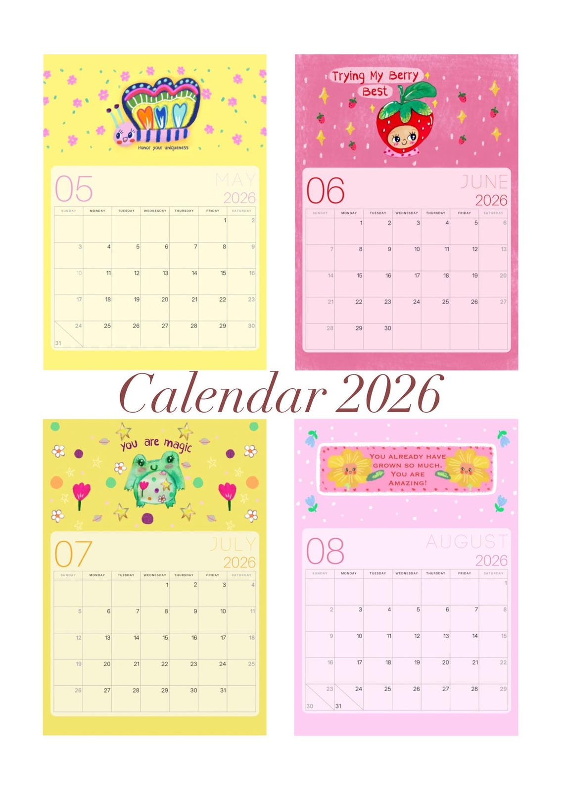 2026 Wall Calendar – Cute Kawaii Art, Illustrated Monthly Planner - Etsy