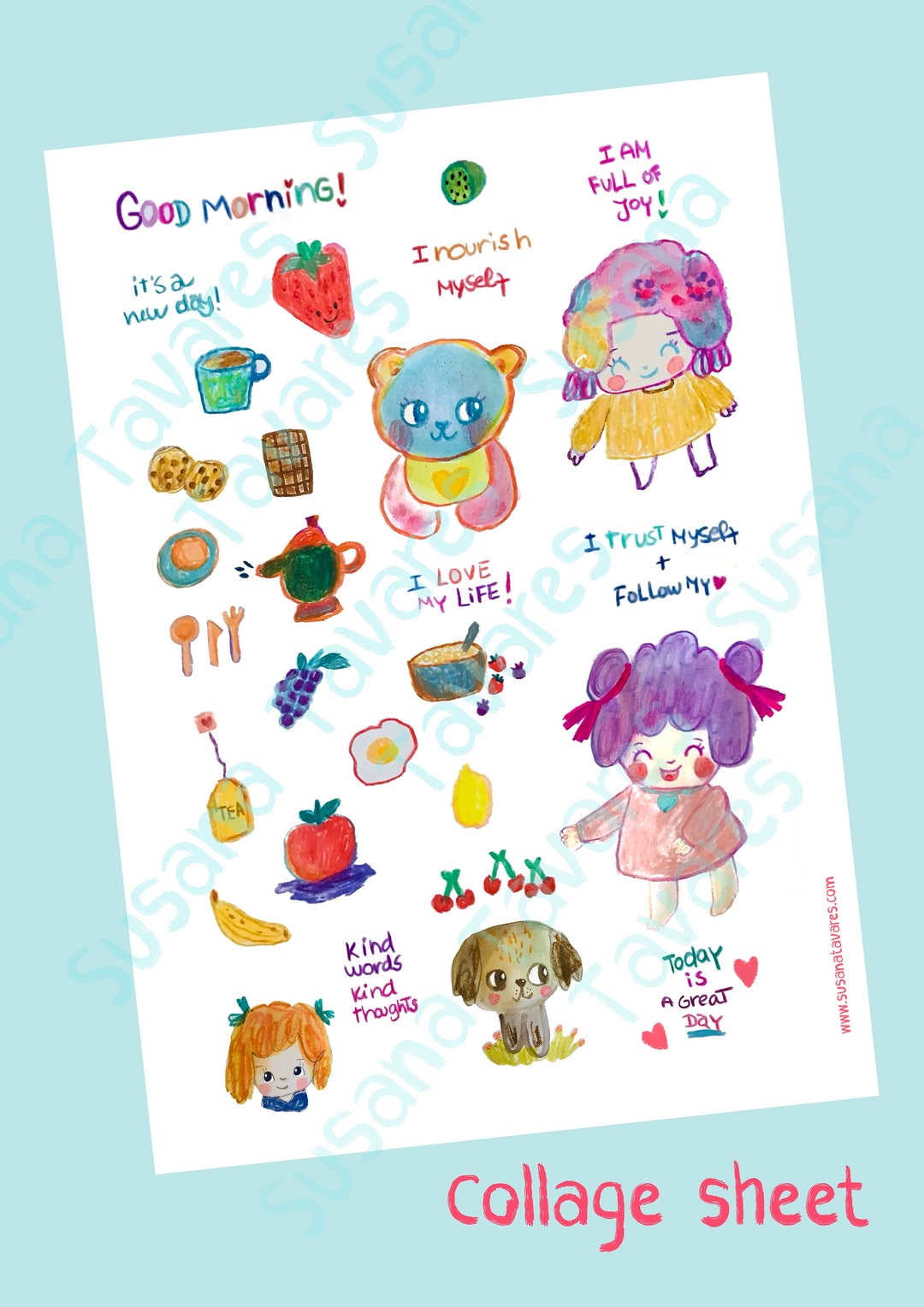 Breakfast Collage Sheet- Cute Food, Morning Affirmations, Cute Doodles ...