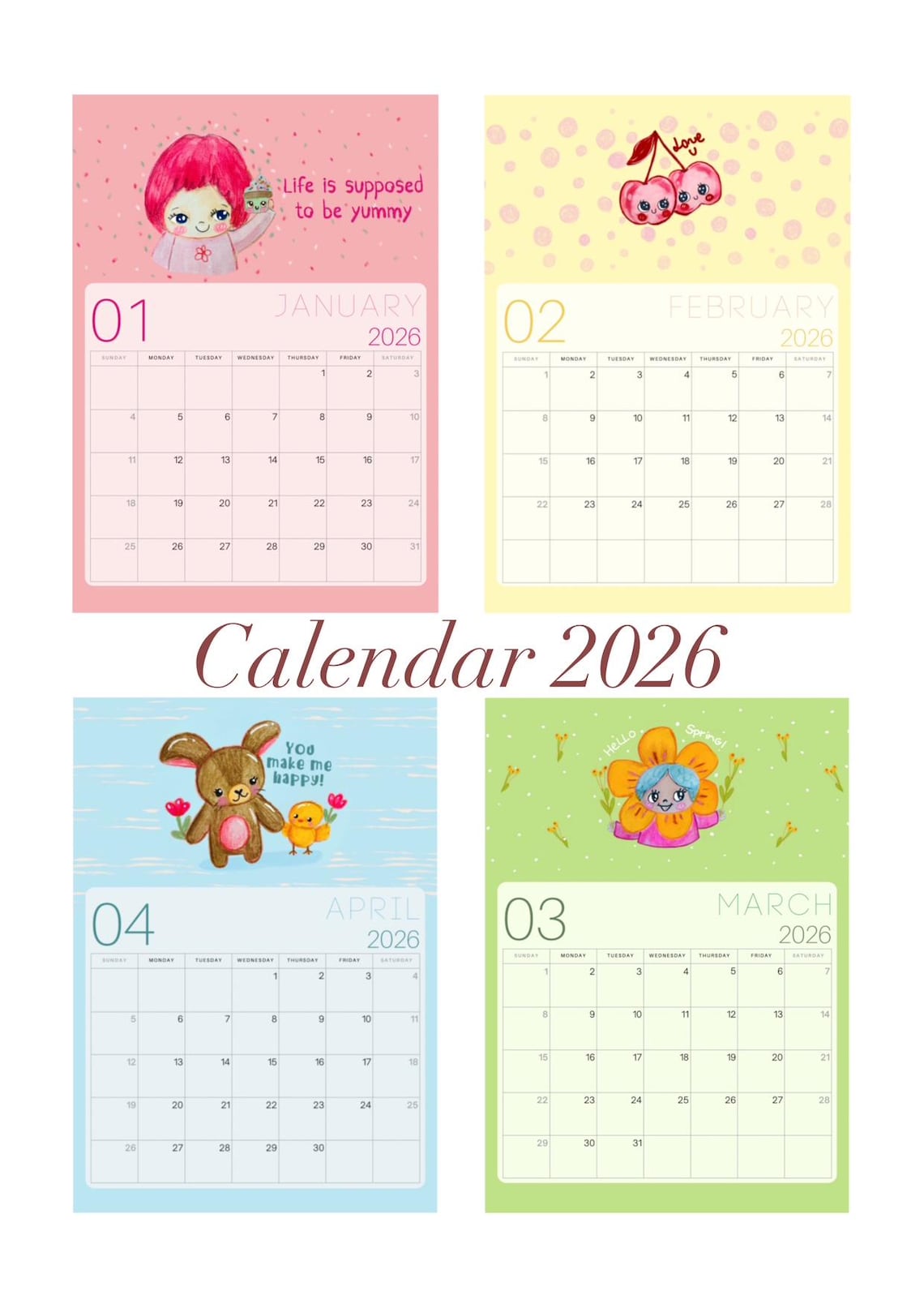 2026 Wall Calendar – Cute Kawaii Art, Illustrated Monthly Planner - Etsy