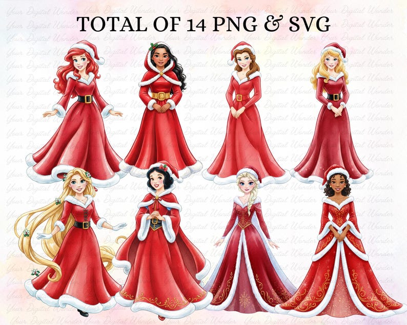 All Princess Png Bundle, Watercolor Christmas Princess Png Bundle ...