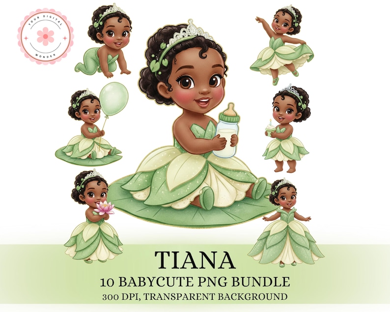 Baby Tiana Clipart PNG, Princess Tiana, Green Dress Crown Cute Girl ...