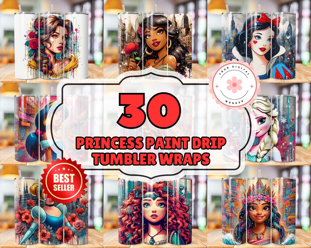 30 Princess Paint Drip Tumbler Wrap Png, 20oz Princess Tumbler Bundle ...