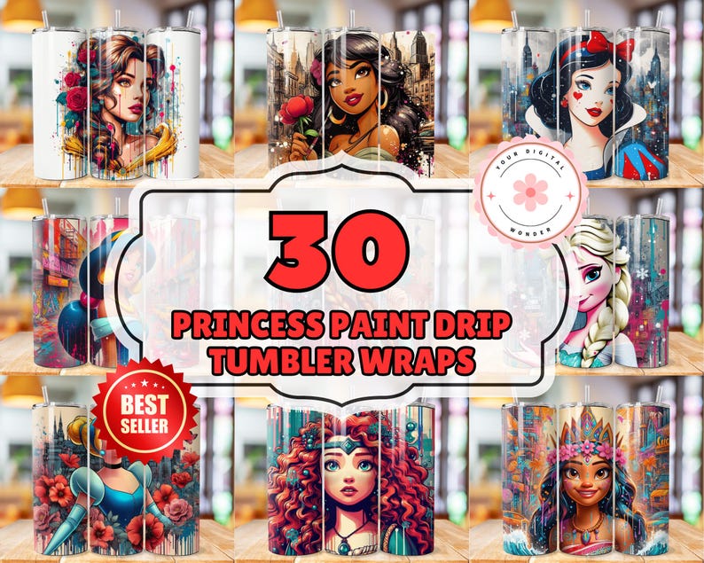 30 Princess Paint Drip Tumbler Wrap Png, 20oz Princess Tumbler Bundle ...
