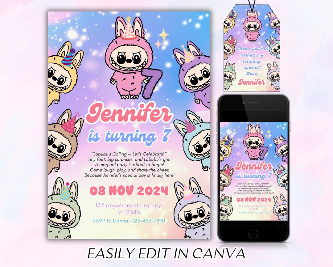 Labubu Birthday Invitation Editable Canva Template, Download of Labubu ...