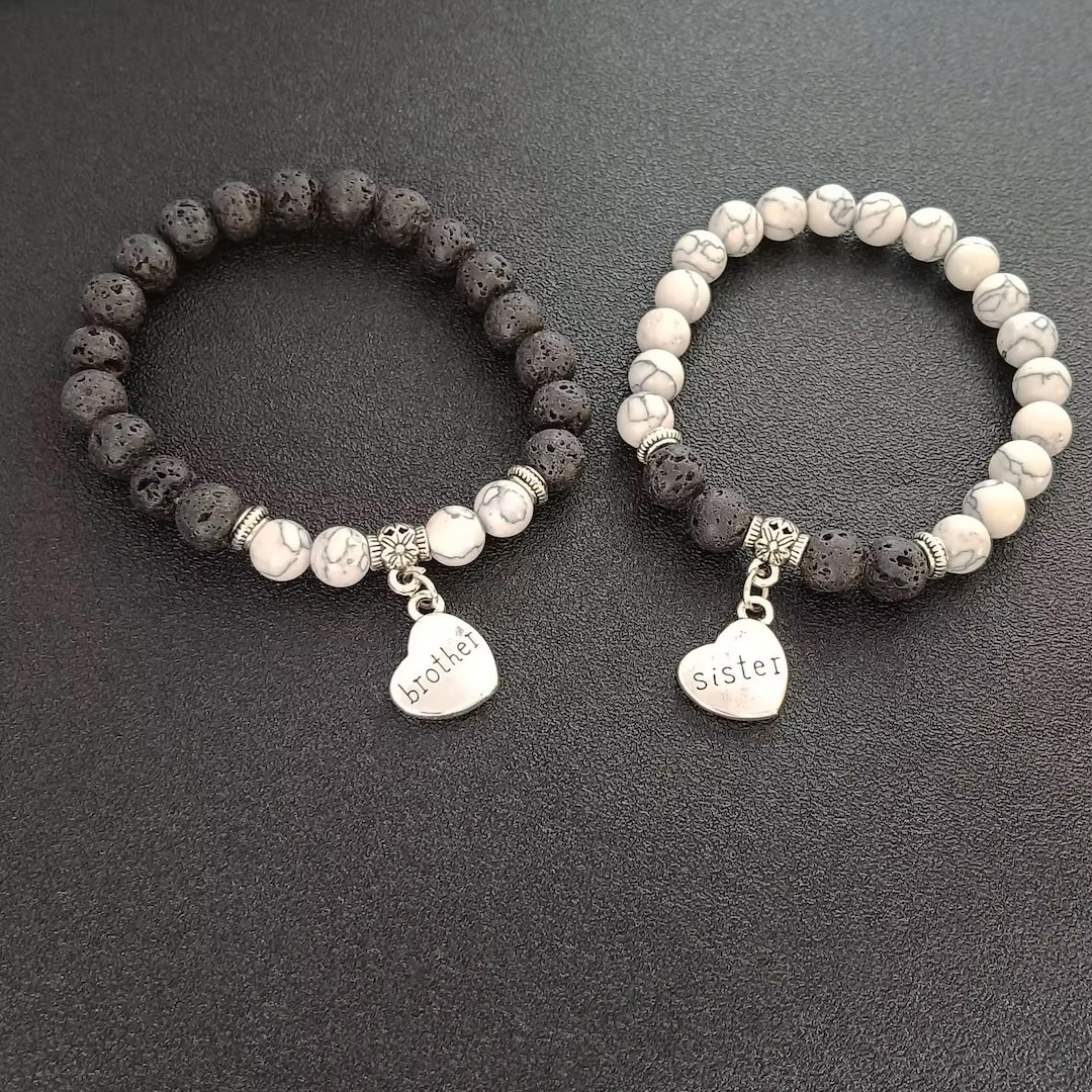 Brother Sister Bracelet Set – Matching Lava & Howlite Beads With Heart ...