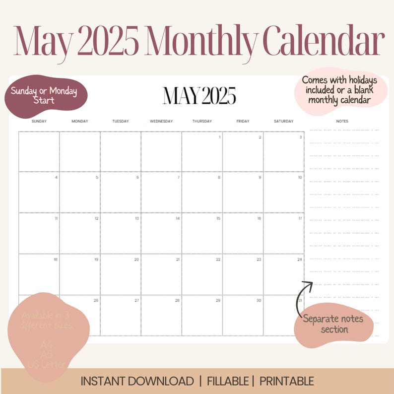 May 2025 Monthly Calendar | Fillable Calendar Minimalist May Editable ...