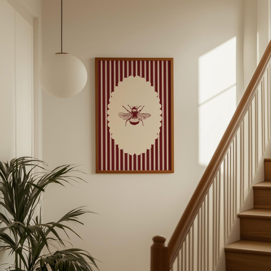 Cottagecore Print Striped Art Bee | Wall Poster| Burgundy | Digital ...