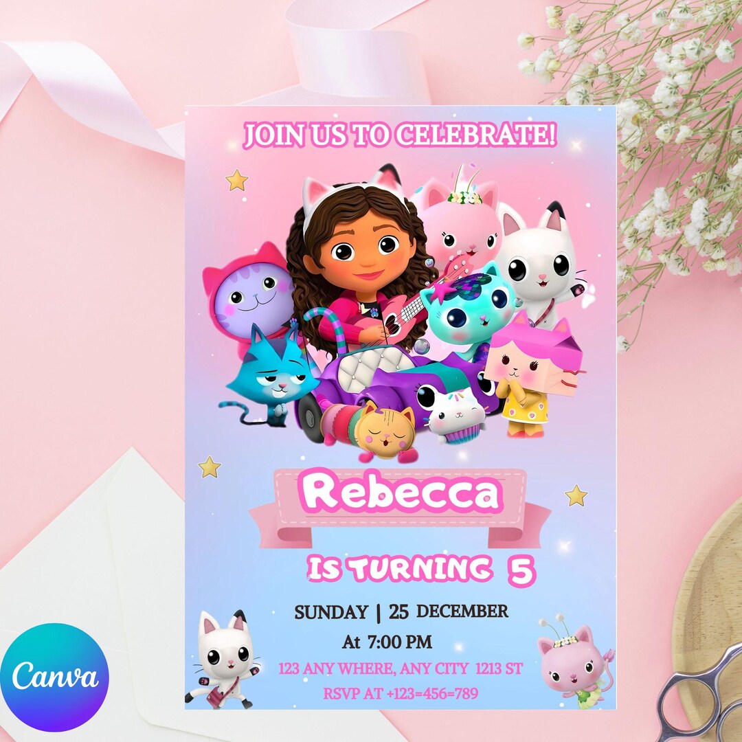 Editable Gabbys Dollhouse Birthday Invitation Template (digital ...