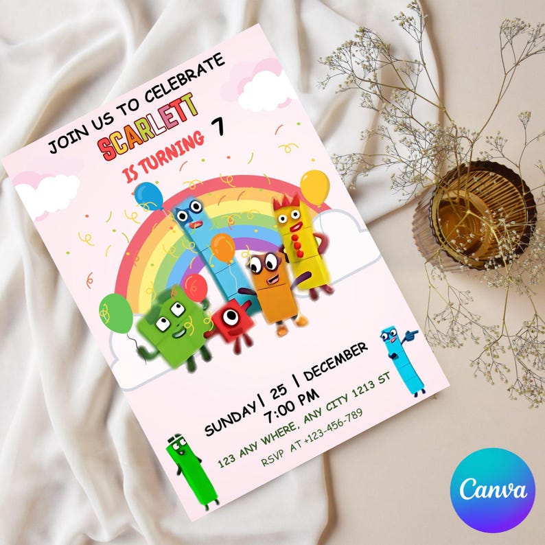 Editable Numberblocks Birthday Invitation Digital Download, Rainbow ...