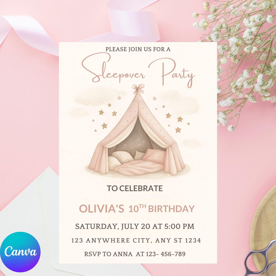 Sleepover Birthday Minimalist Invitation, Set Slumber Party Invite ...
