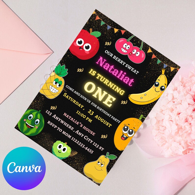 Editable Hey Bear Sensory Invitation Dancing Fruit Party Kids Birthday ...