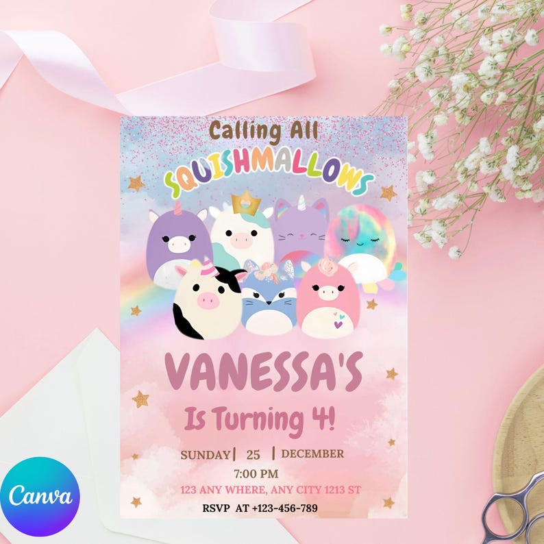 Editable Squishmallow Birthday Invitation, Squishmallow Invitation ...