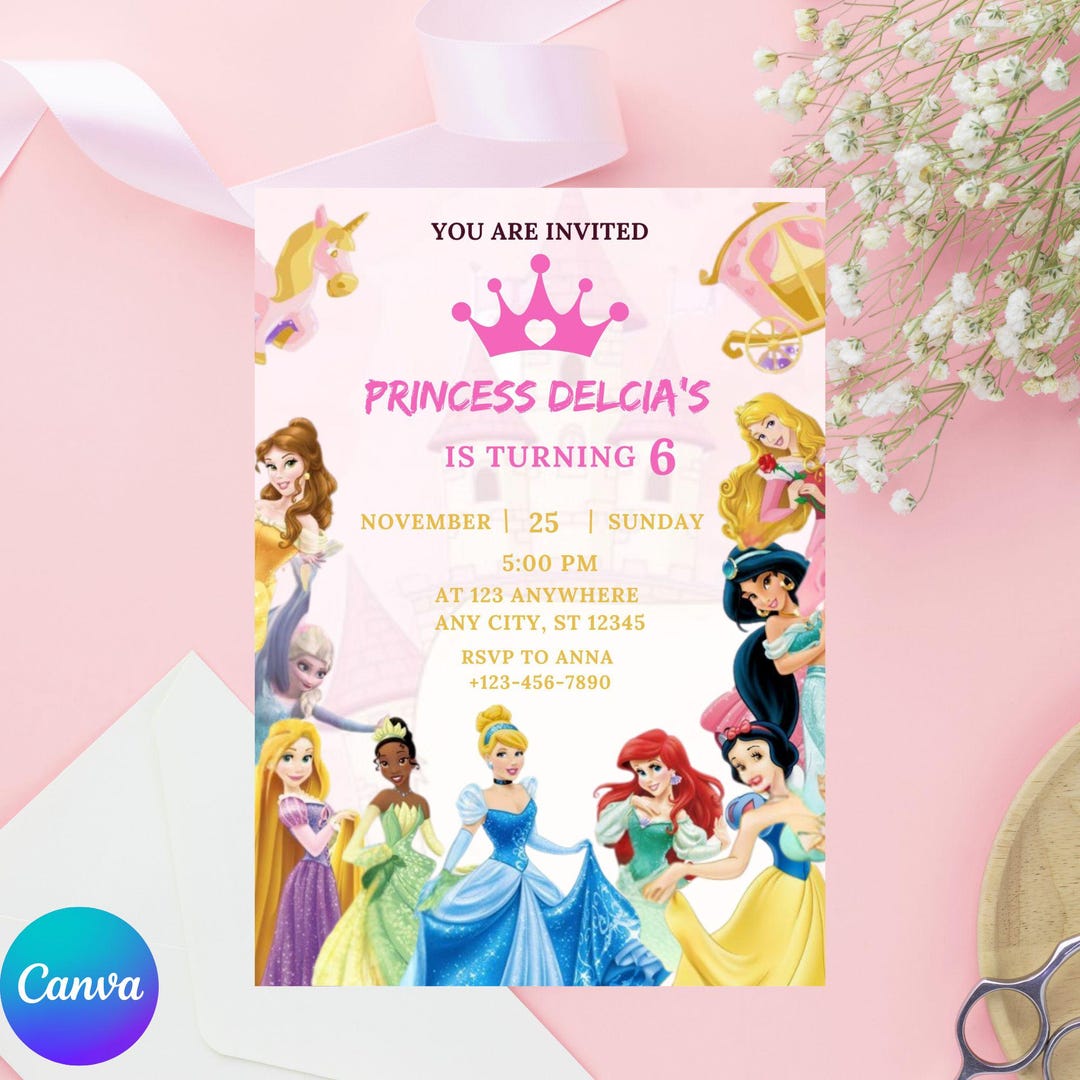 Editable Princess Birthday Invitation, Princess Invitation Princesses ...