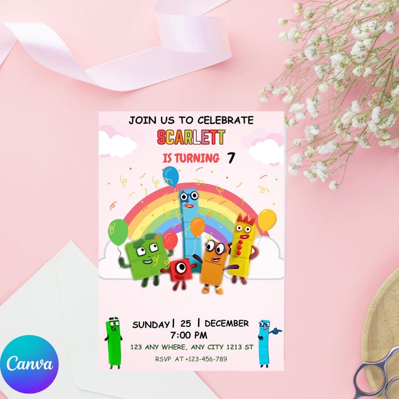 Editable Numberblocks Birthday Invitation Digital Download, Rainbow ...