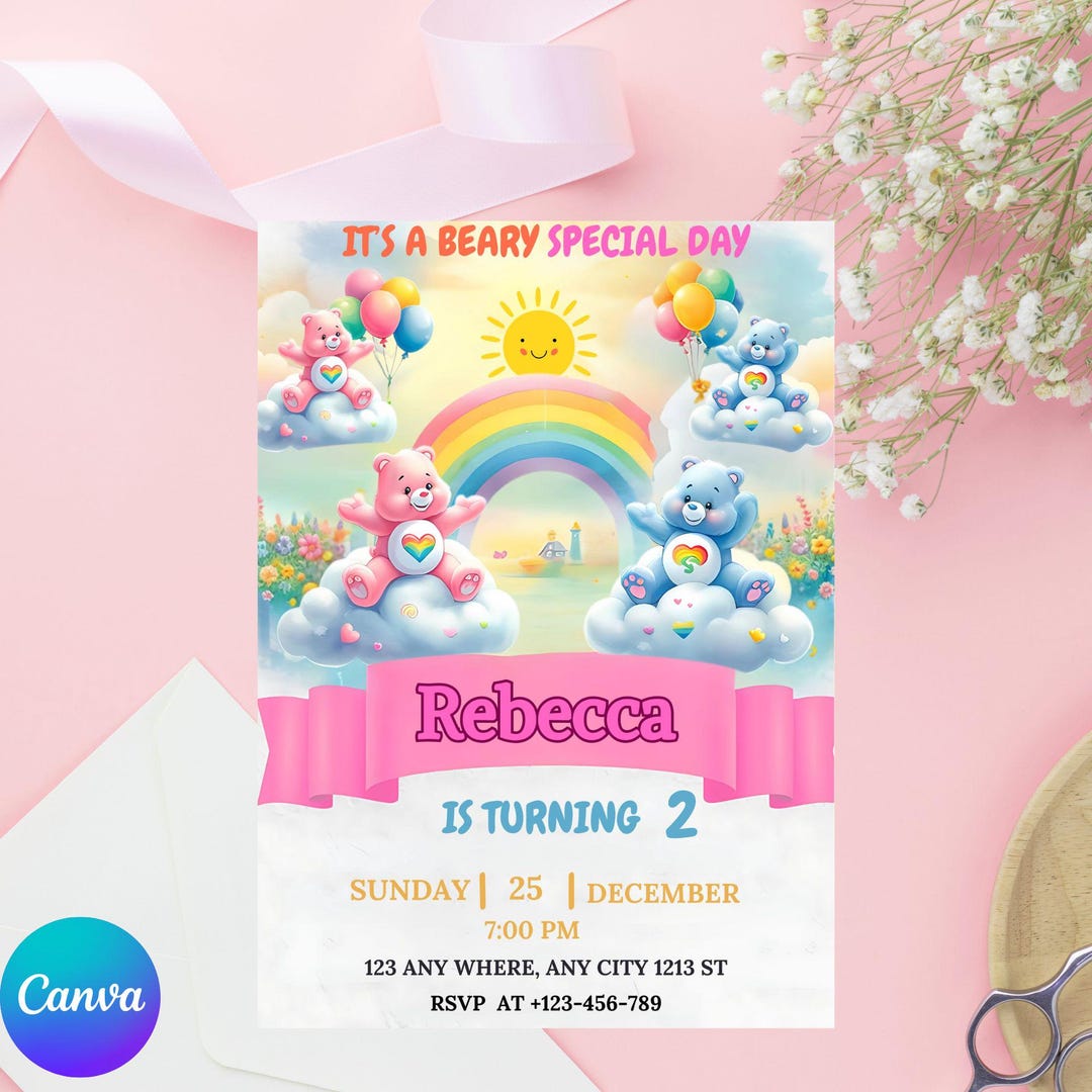Editable Care Bears Birthday Invitation, Printable Editable Birthday ...