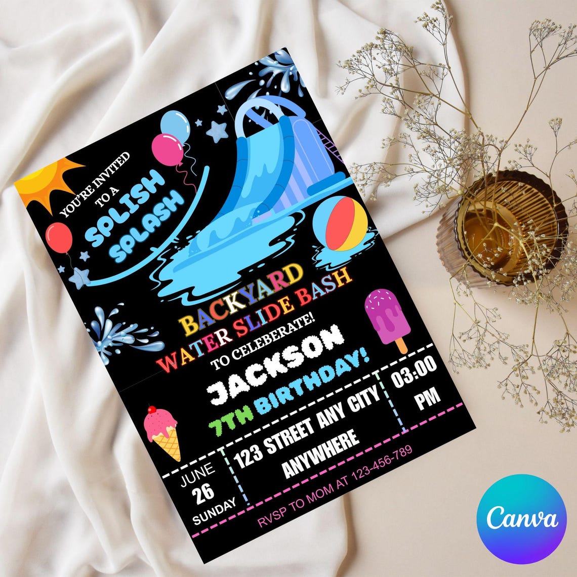 Waterslide Birthday Invitation, Water Slide Invitation, Boy Girl Splash ...